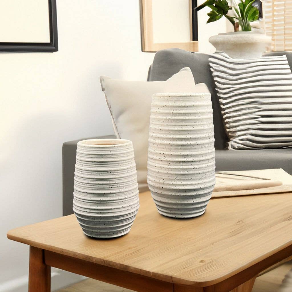 Set of Two Tall Grooved Speckled Vases | Textured Vase | Ceramic Vase